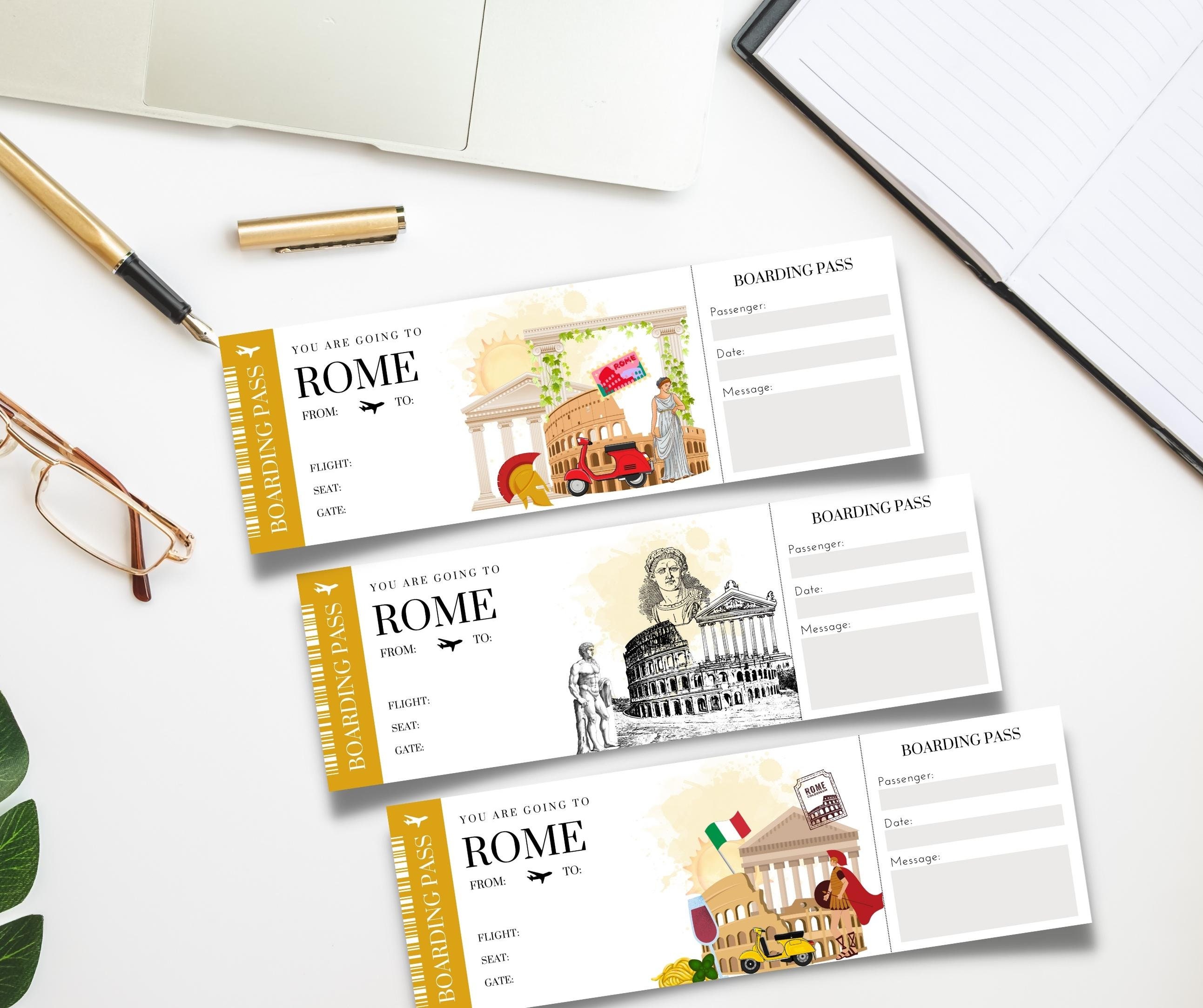 Printable, Editable ROME Surprise BOARDING Pass TICKET, Trip Ticket to Rome, Vacation Ticket ...