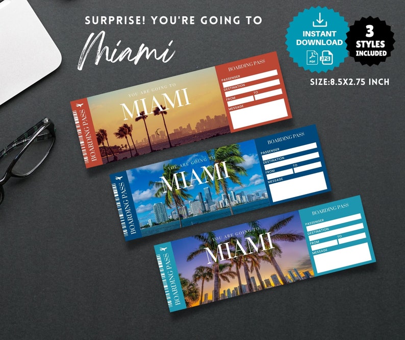 Printable, Editable MIAMI Surprise BOARDING Pass TICKET Template, Trip ...