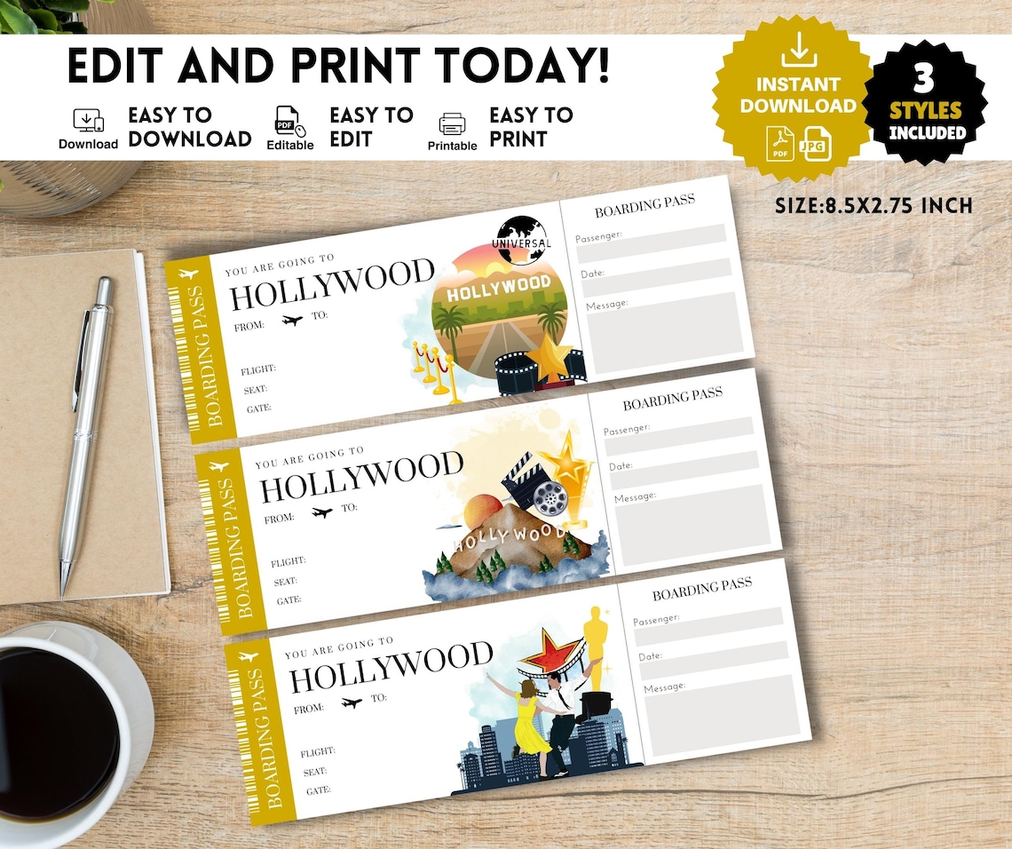 Editable Hollywood Trip Ticket - Printable Boarding Pass Template - Etsy
