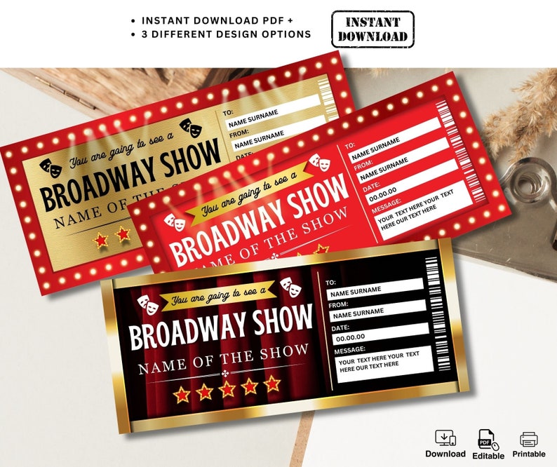 Printable BROADWAY SHOW Gift TICKET Digital Design Templates / Instant ...