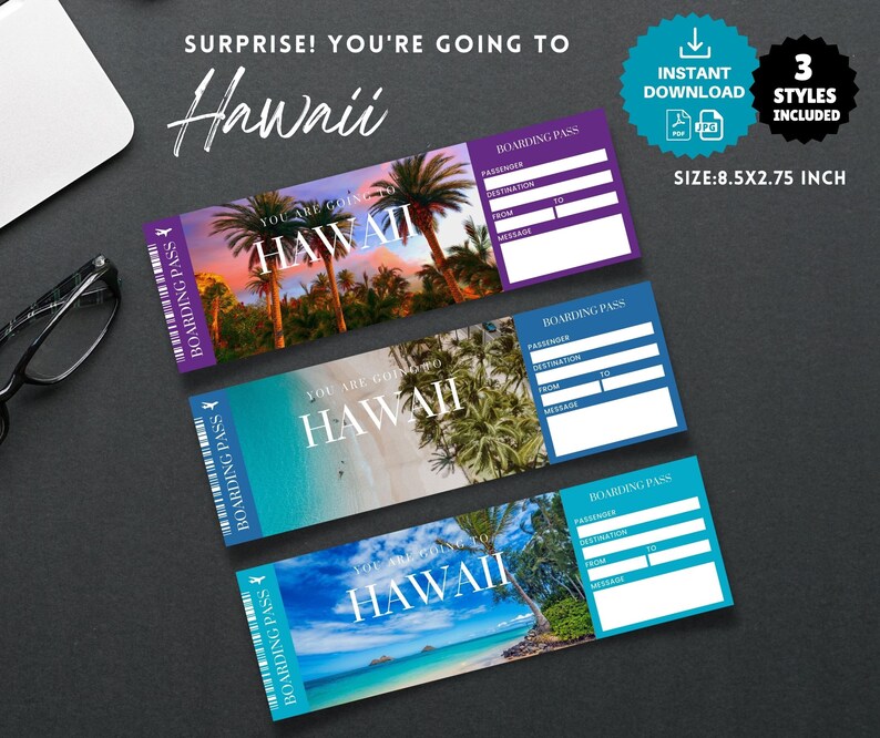 Editable Hawaii Boarding Pass Ticket - Printable Trip Surprise - Etsy