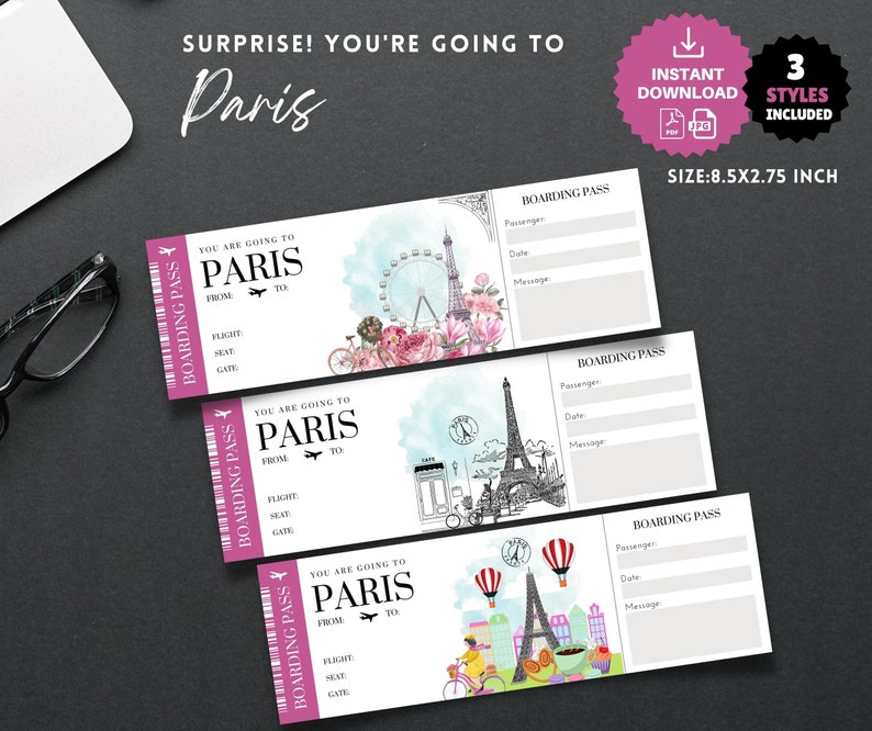 Printable, Editable PARIS Surprise BOARDING Pass TICKET, Trip Ticket to ...