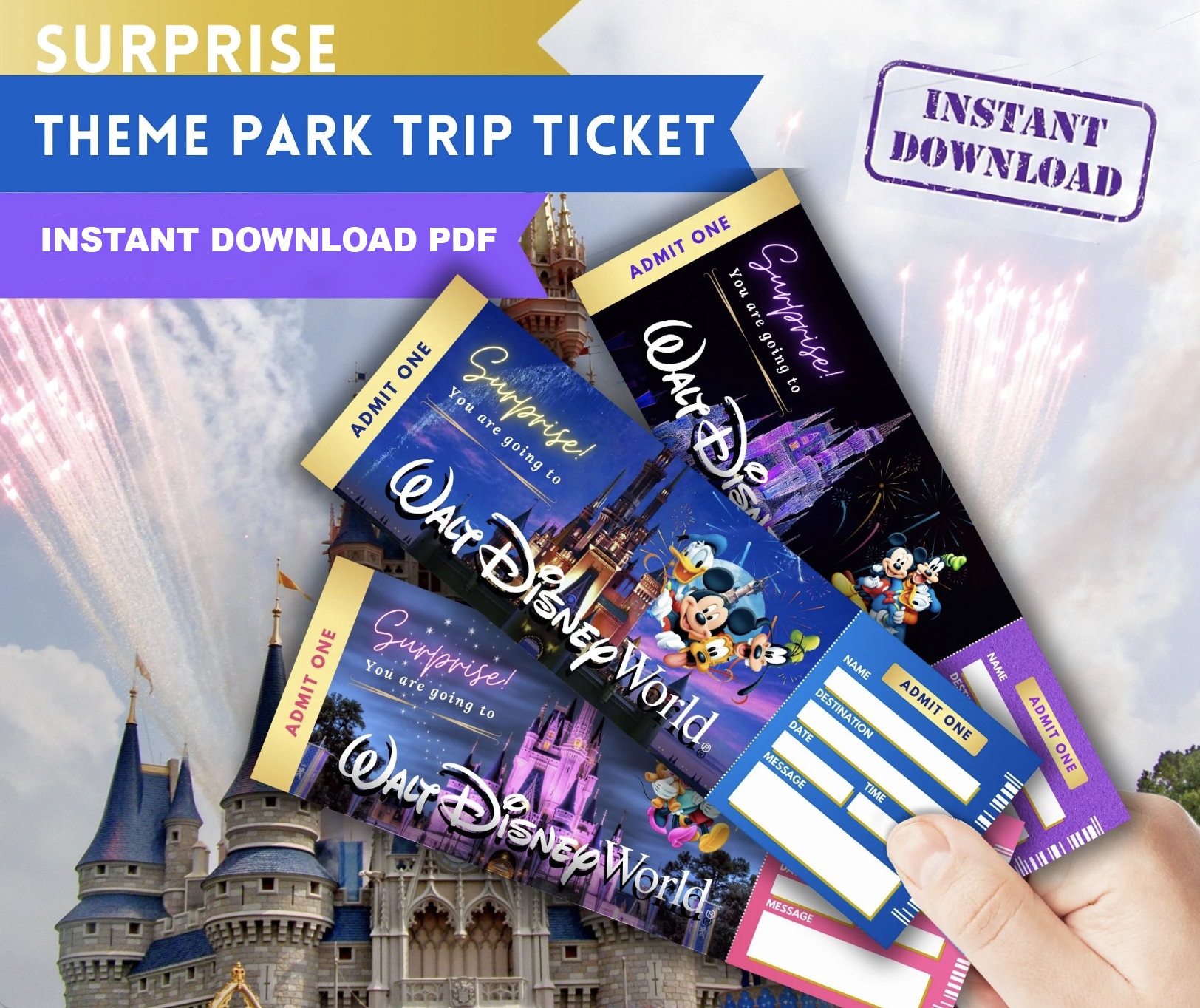Printable DISNEYLAND THEME PARK Surprise Reveal Ticket / Editable ...