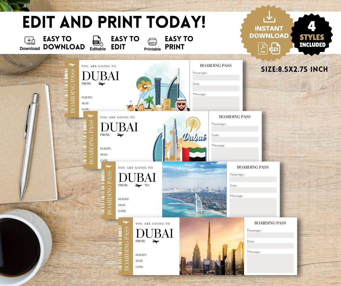 Printable, Editable DUBAI Surprise BOARDING Pass TICKET, Trip Ticket to ...