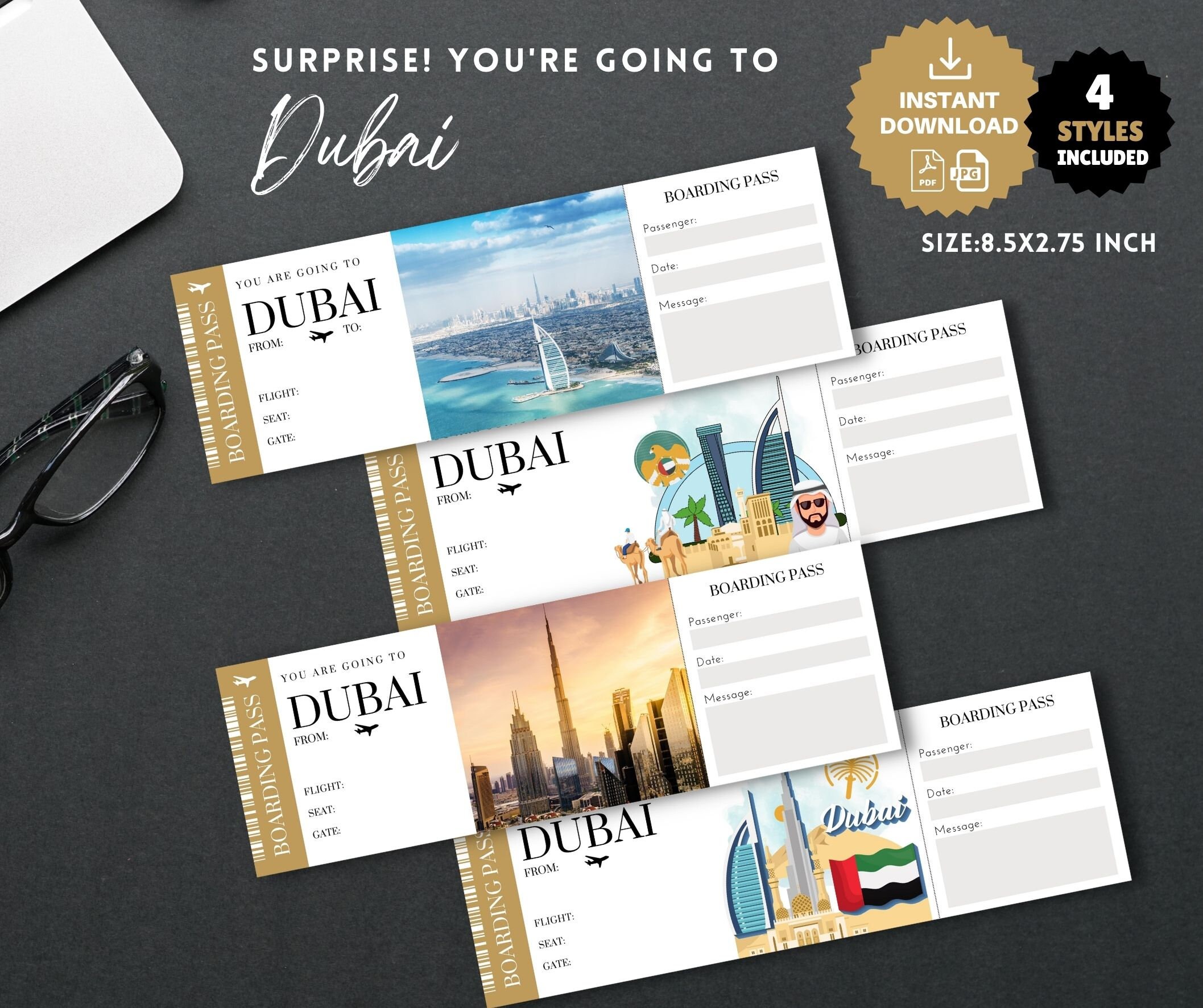 Printable, Editable DUBAI Surprise BOARDING Pass TICKET, Trip Ticket to ...