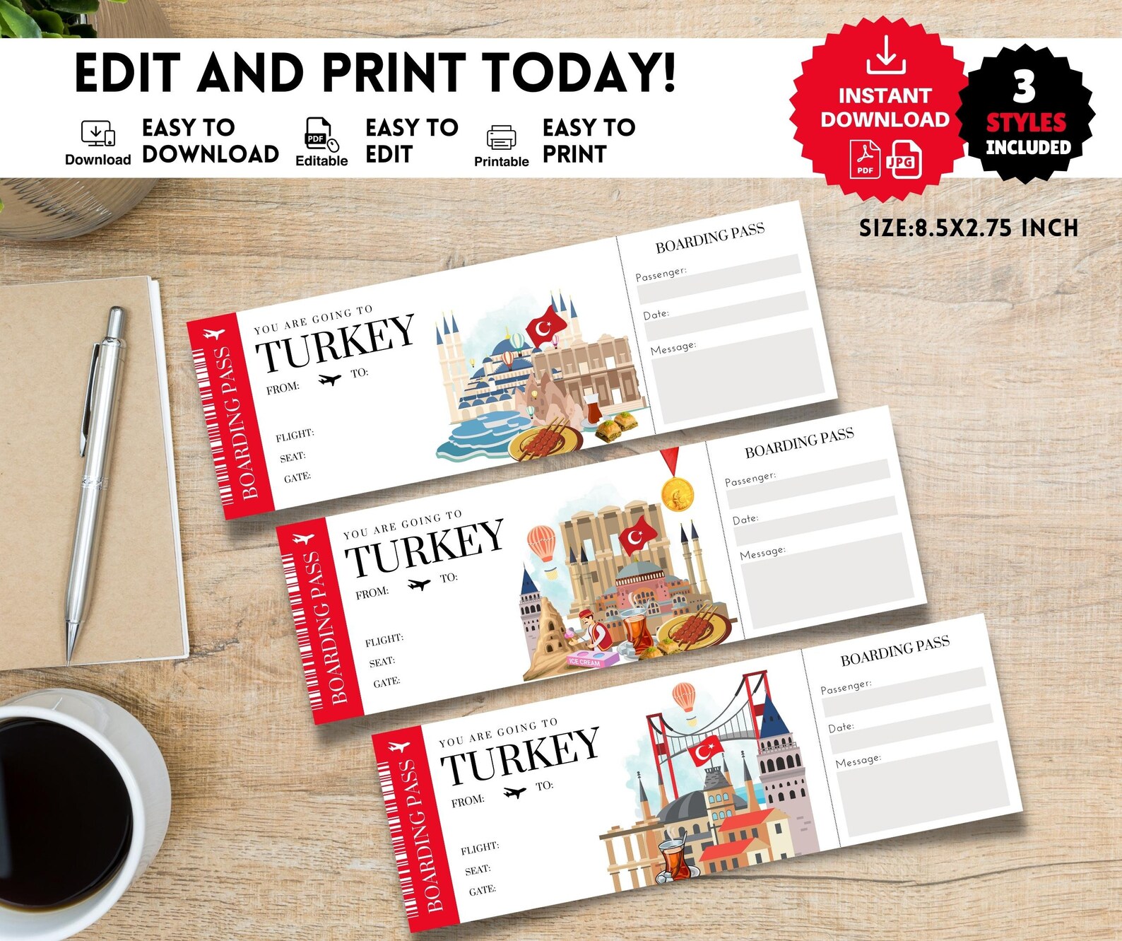 Printable, Editable TURKEY Surprise BOARDING Pass TICKET, Trip Ticket ...