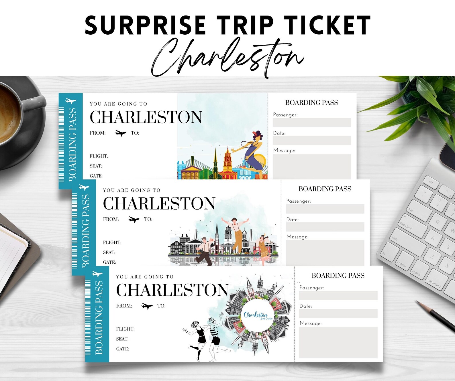 Charleston Trip Boarding Pass Ticket - Printable and Editable PDF - Etsy