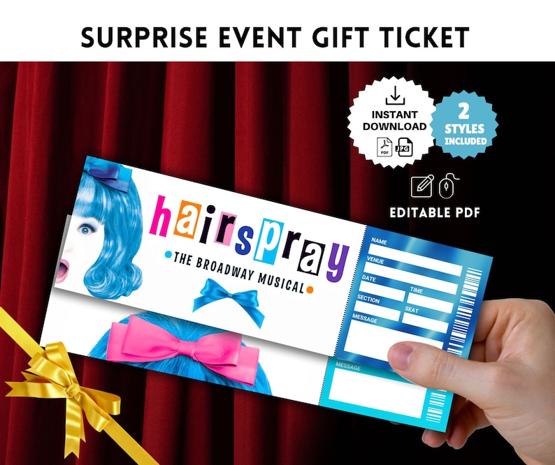 Hairspray Musical Tickets, Printable Broadway Surprise (editable PDF ...