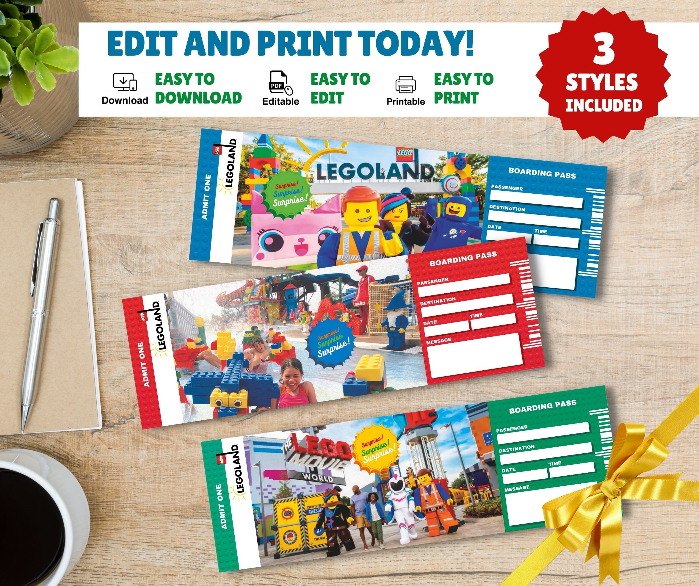 Printable BUILDING BLOCKS Theme Park Gift Ticket Surprise Trip Reveal ...