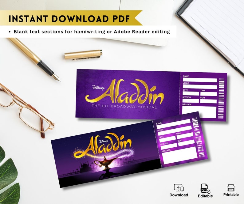 Printable ALADDIN BROADWAY Musical Surprise TICKET, Collectible Theater ...