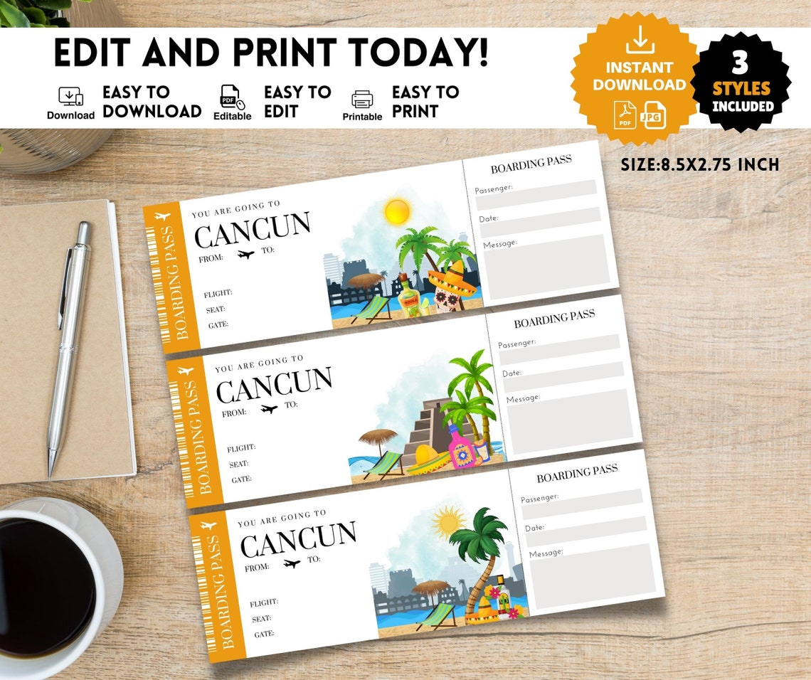 Printable, Editable CANCUN Surprise BOARDING Pass TICKET, Trip Ticket ...