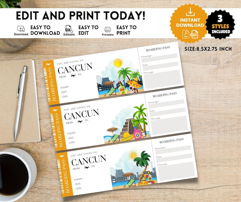 Printable, Editable CANCUN Surprise BOARDING Pass TICKET, Trip Ticket ...