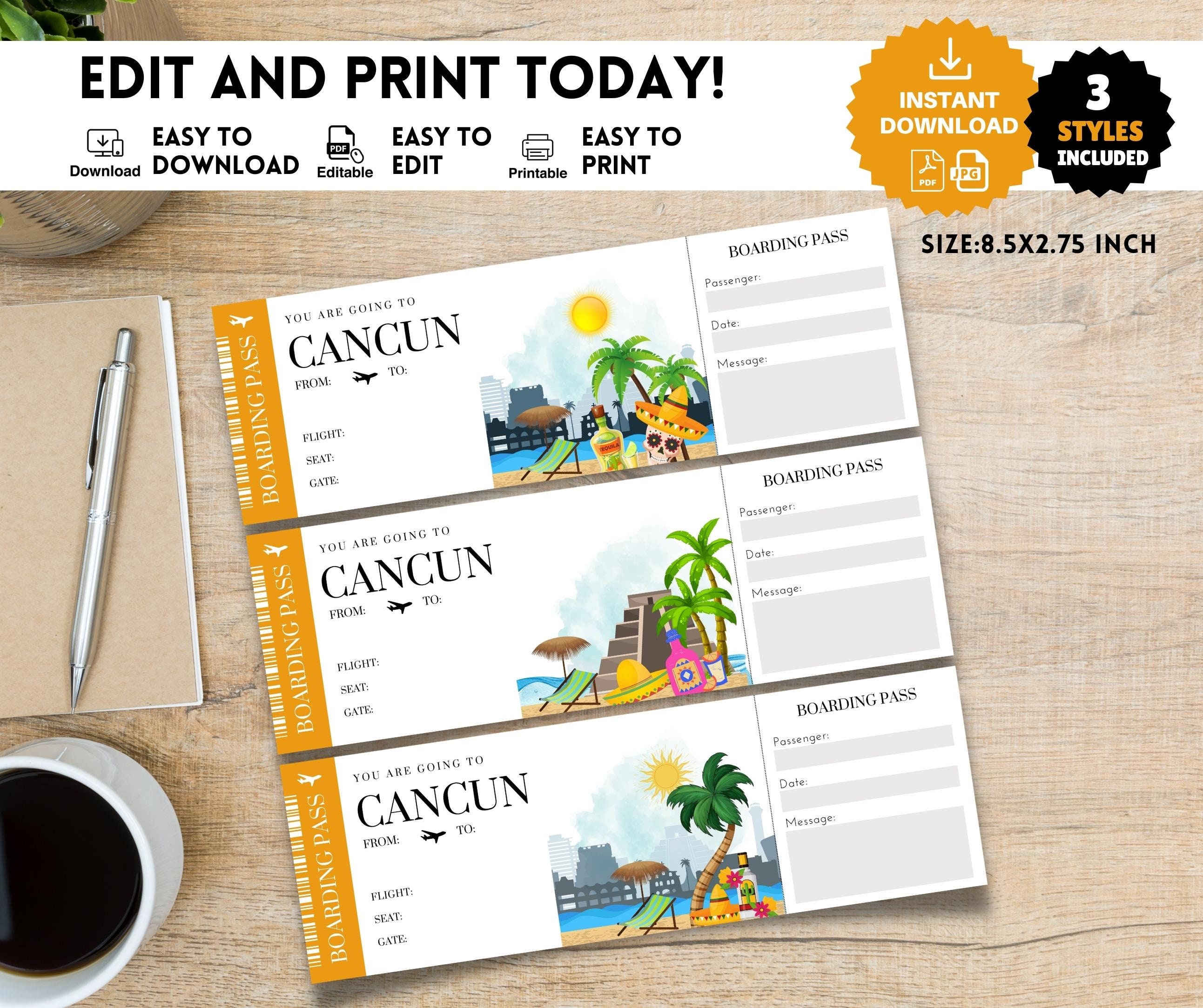 Cancun Boarding Pass Ticket: Editable Surprise Trip Invitation - Etsy