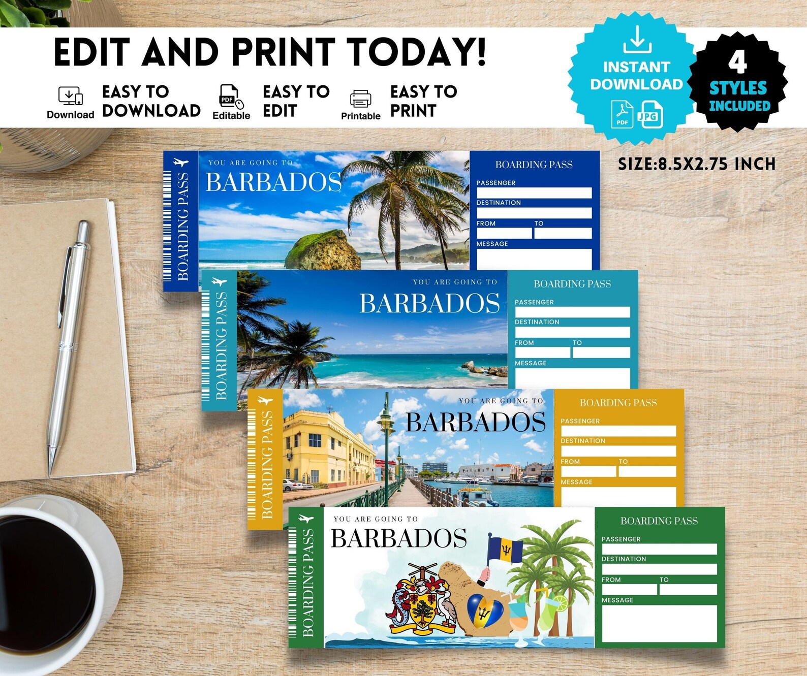 Printable, Editable BARBADOS Surprise BOARDING Pass TICKET, Vacation ...
