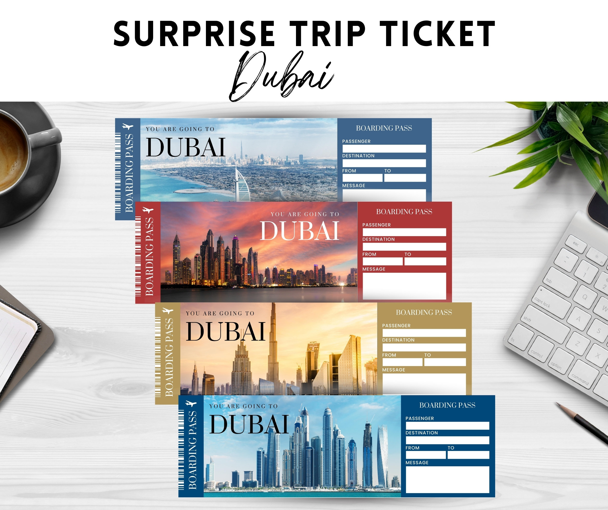 Printable, Editable DUBAI Surprise BOARDING Pass TICKET, Trip Ticket to Dubai, Vacation Ticket ...