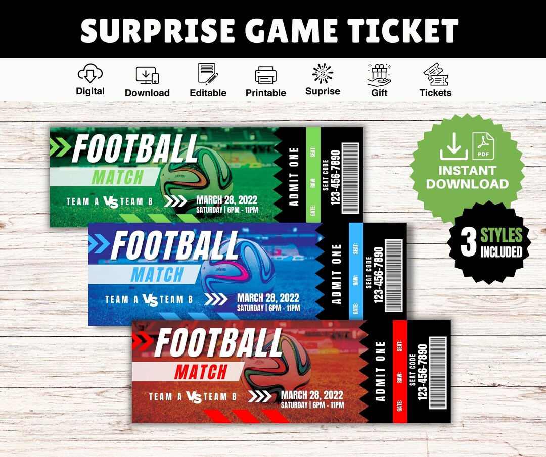 Printable FOOTBALL MATCH Surprise Game Gift Reveal Ticket. Sports ...