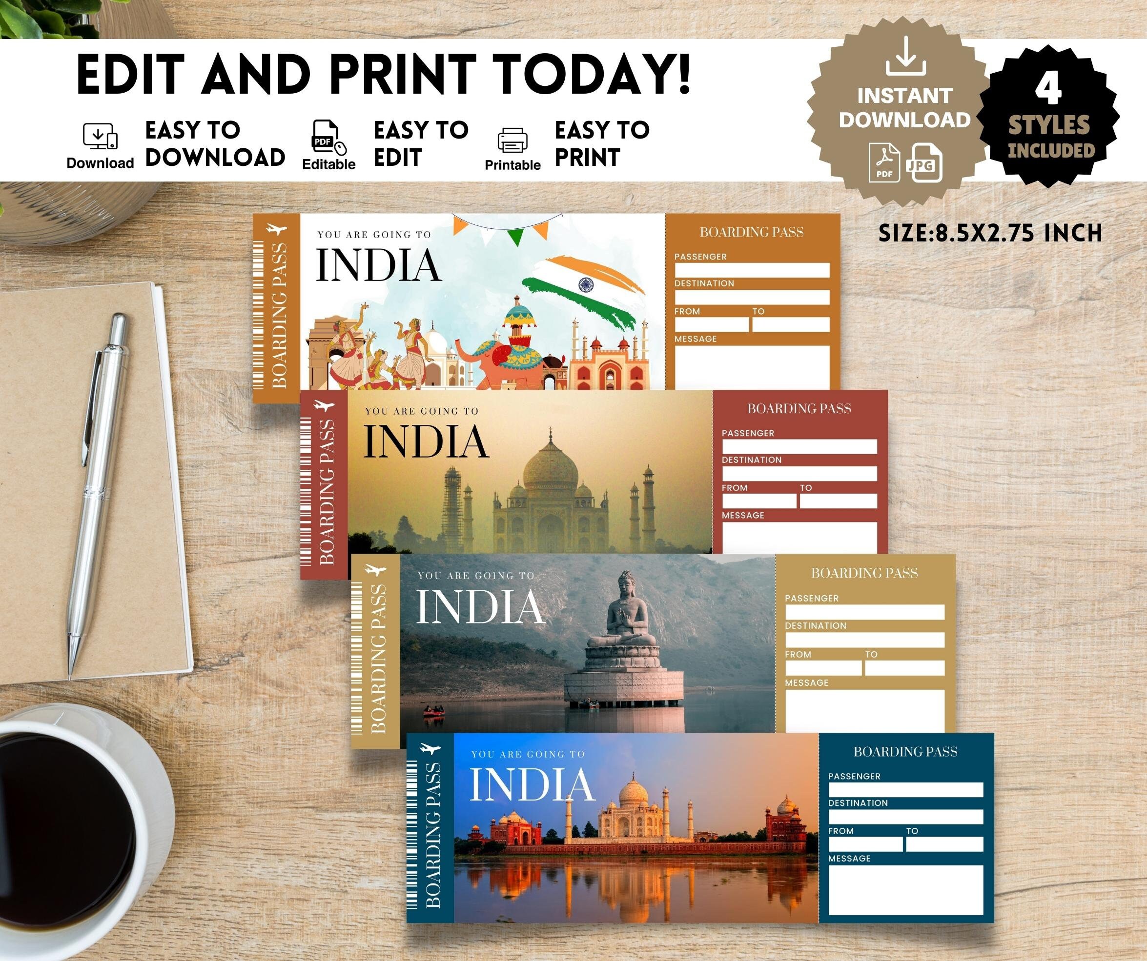 Printable, Editable INDIA Surprise Boarding Pass TICKET, Vacation ...