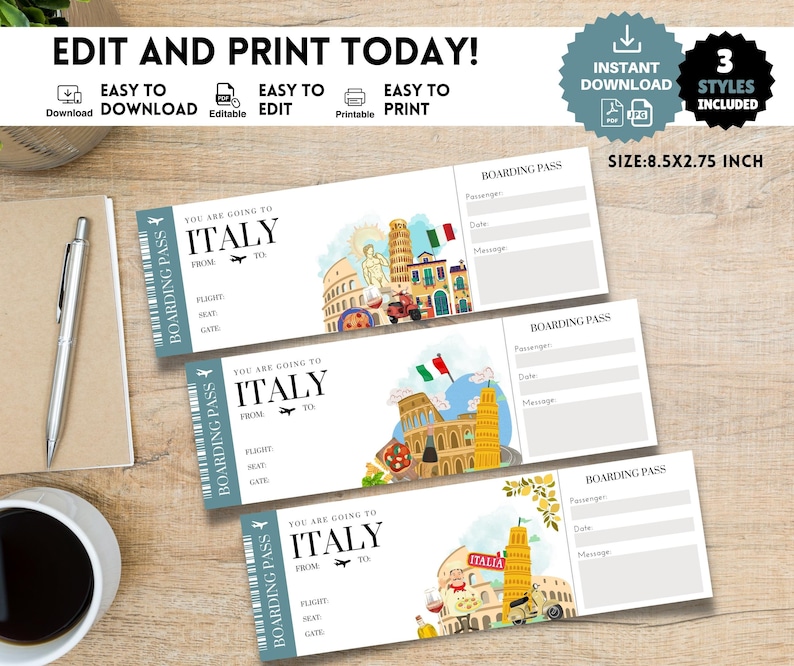 Printable, Editable ITALY Surprise BOARDING Pass TICKET, Trip Ticket to Italy, Editable Vacation ...