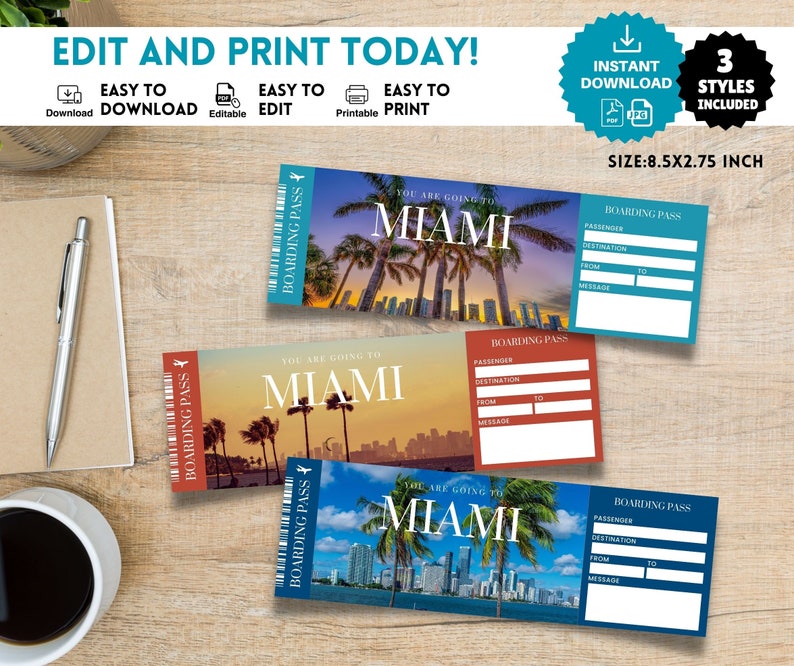 Printable, Editable MIAMI Surprise BOARDING Pass TICKET Template, Trip ...