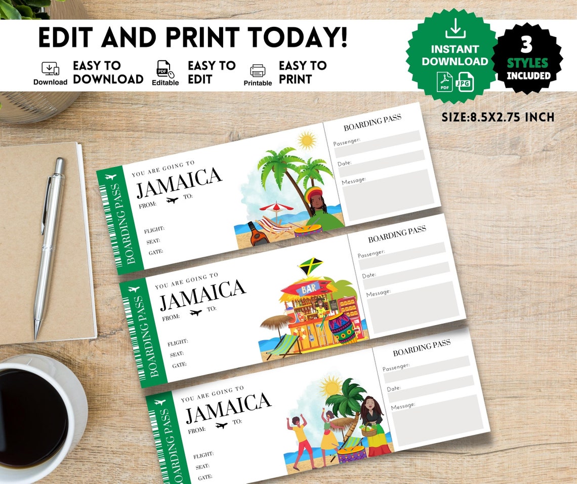 Printable, Editable JAMAICA Surprise BOARDING Pass TICKET, Trip Ticket ...