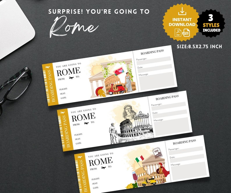 Printable, Editable ROME Surprise BOARDING Pass TICKET, Trip Ticket to ...