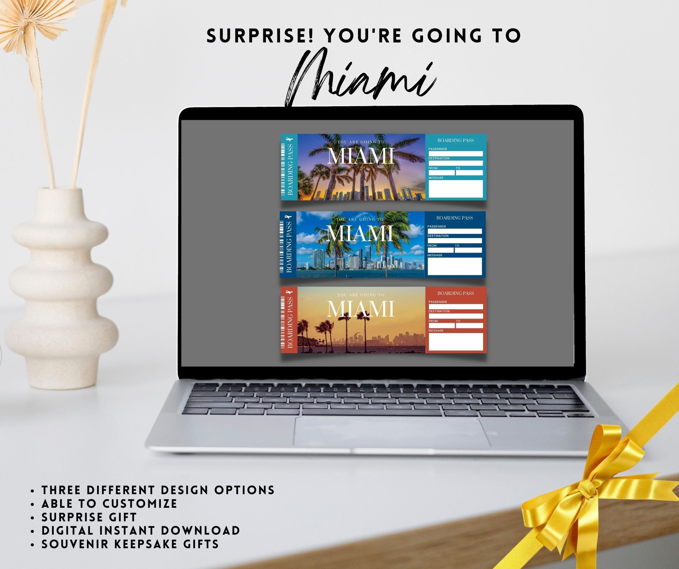 Printable, Editable MIAMI Surprise BOARDING Pass TICKET Template, Trip ...