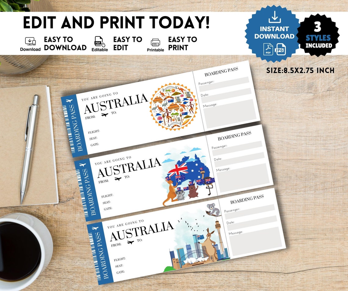 Printable, Editable AUSTRALIA Surprise BOARDING Pass TICKET, Trip ...