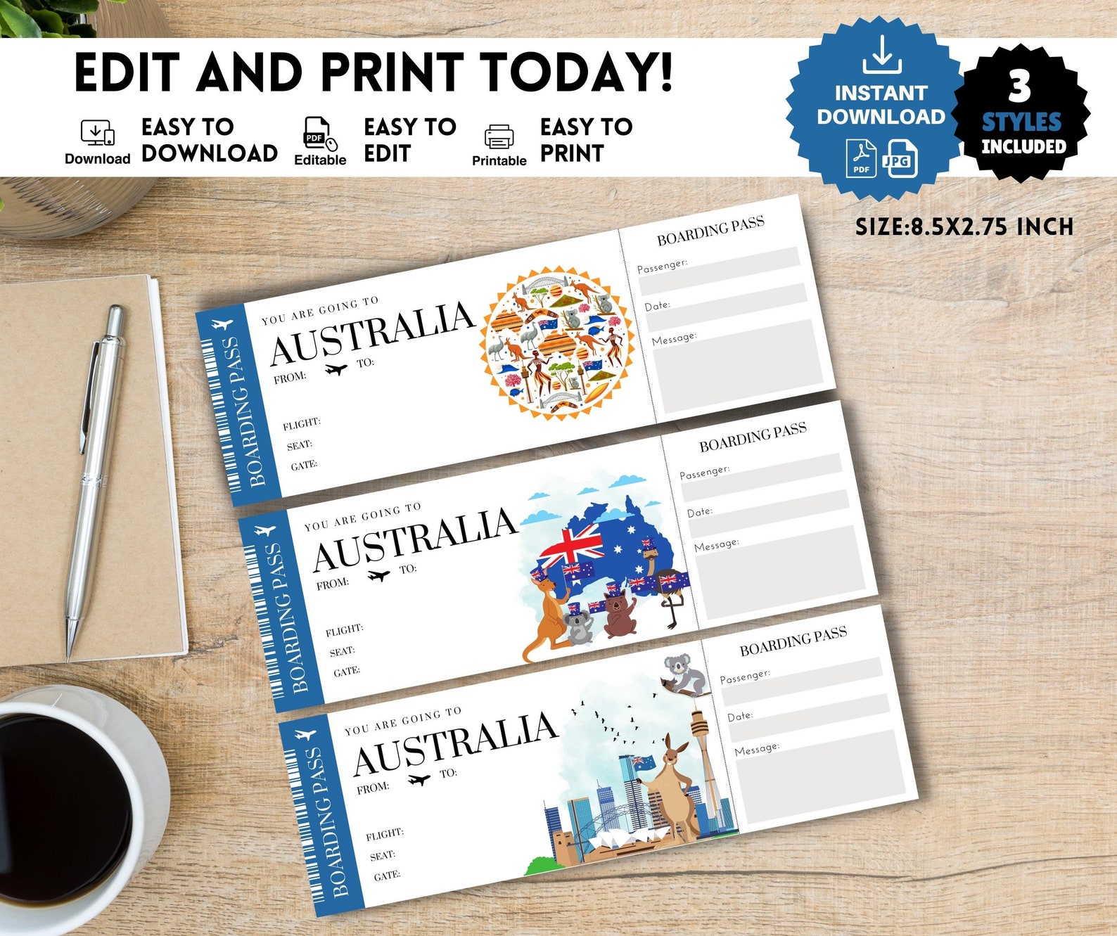 Printable, Editable AUSTRALIA Surprise BOARDING Pass TICKET, Trip ...