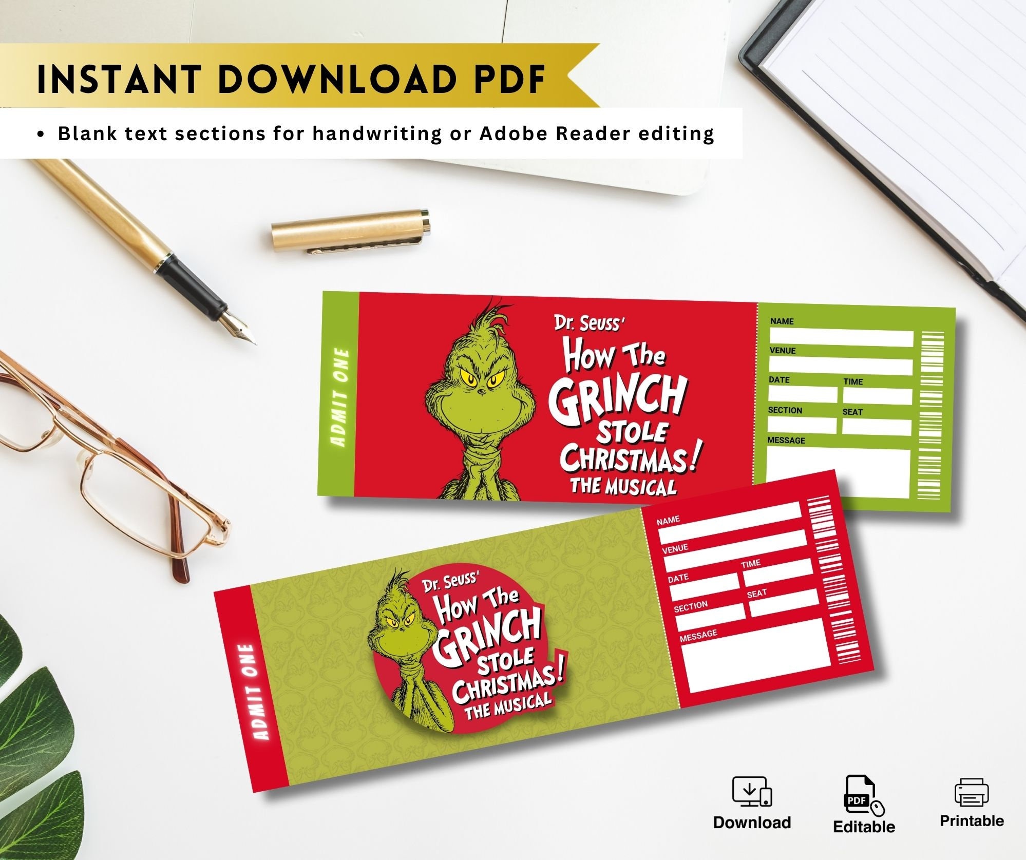 Printable How the GRINCH Stole Christmas BROADWAY Surprise Gift Ticket ...
