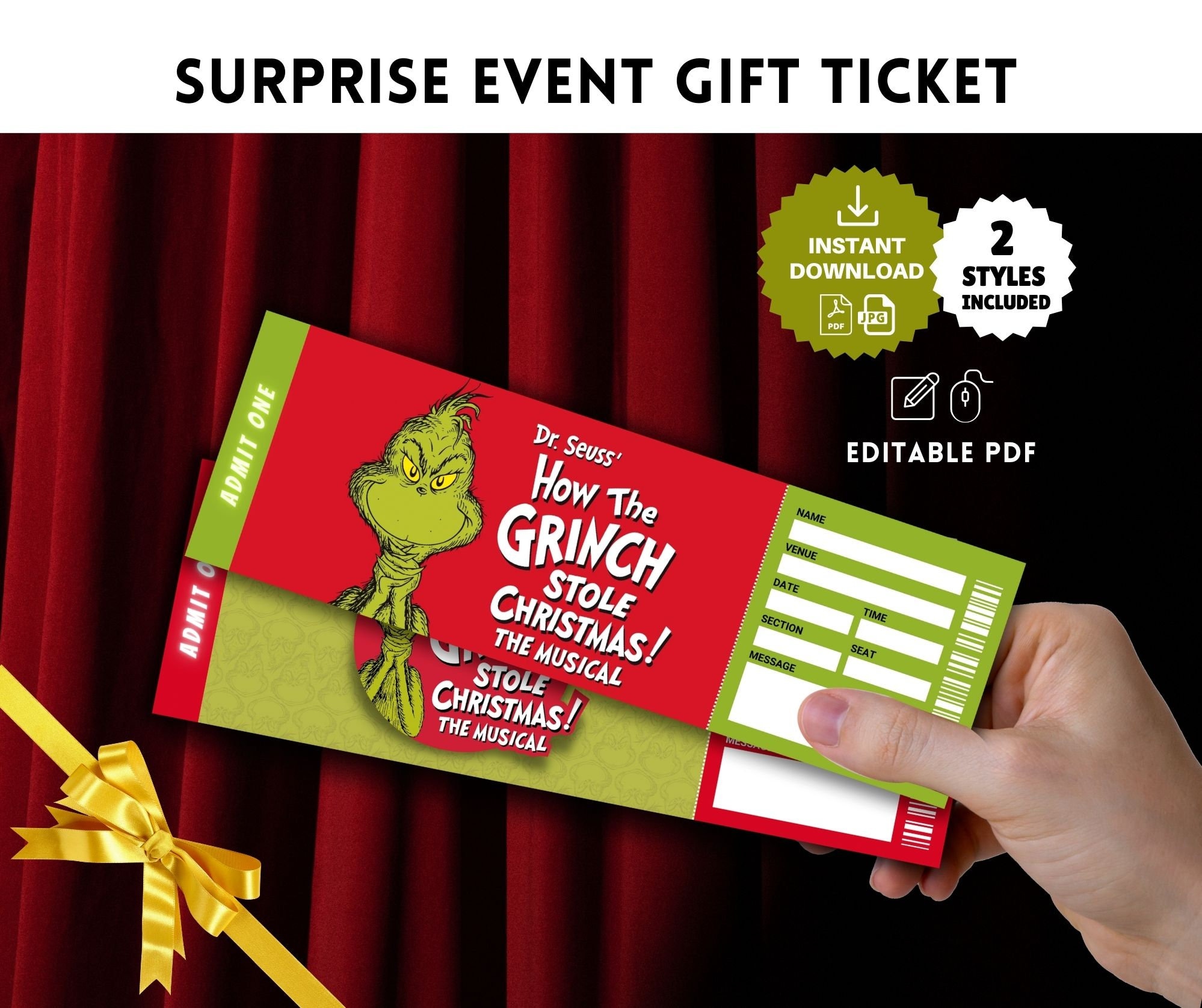 Printable How the GRINCH Stole Christmas BROADWAY Surprise Gift Ticket ...