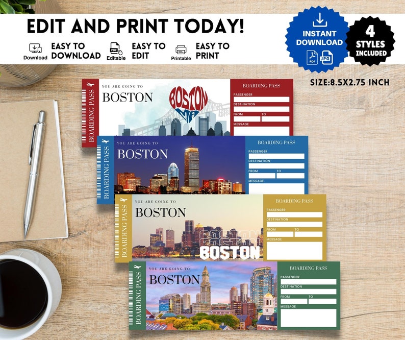 Boston Boarding Pass Ticket - Customizable Surprise Trip Invite - Etsy