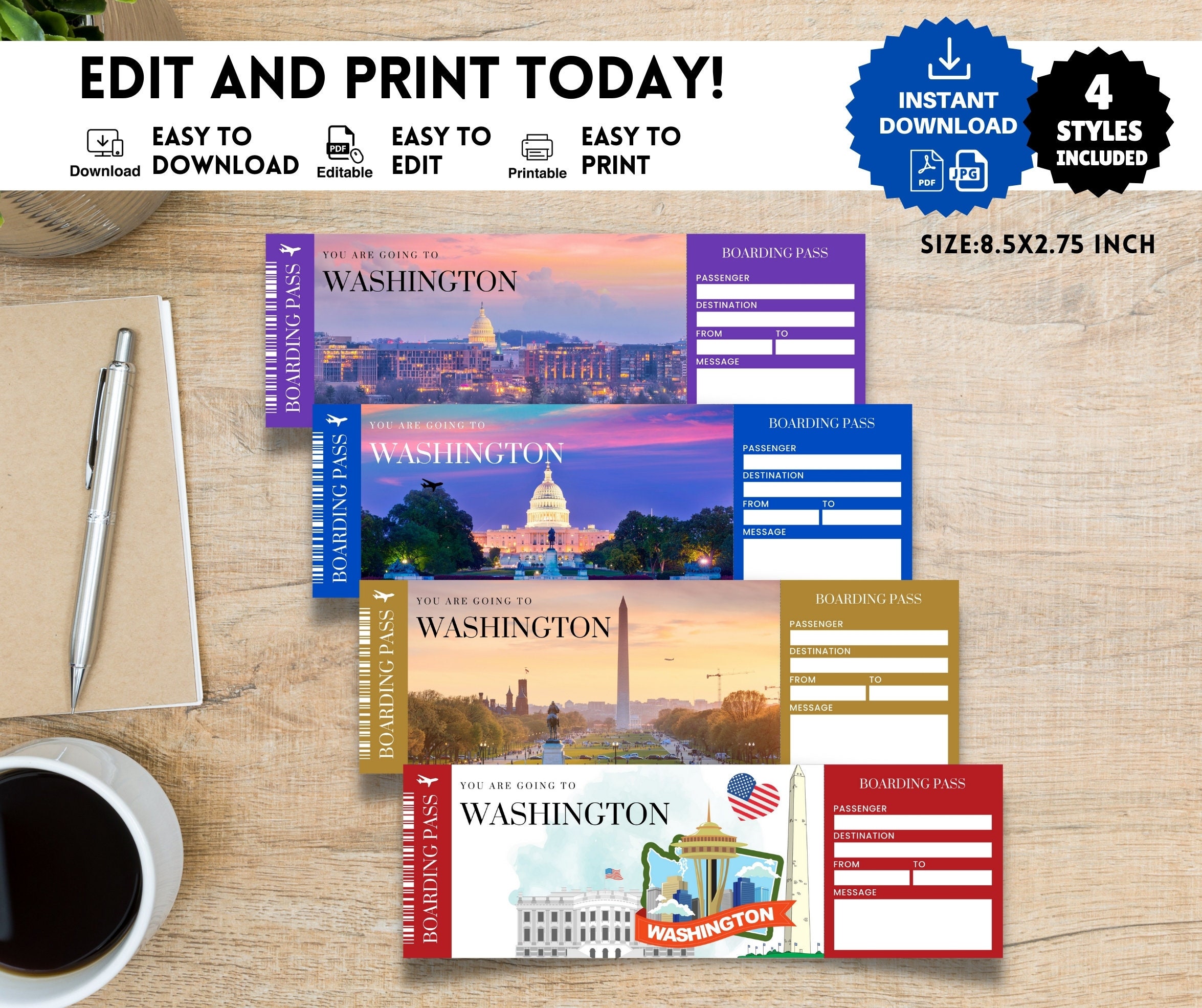 Printable, Editable WASHINGTON Surprise Boarding Pass TICKET, Vacation ...