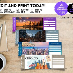Printable, Editable CHICAGO Surprise Boarding Pass TICKET, Vacation ...