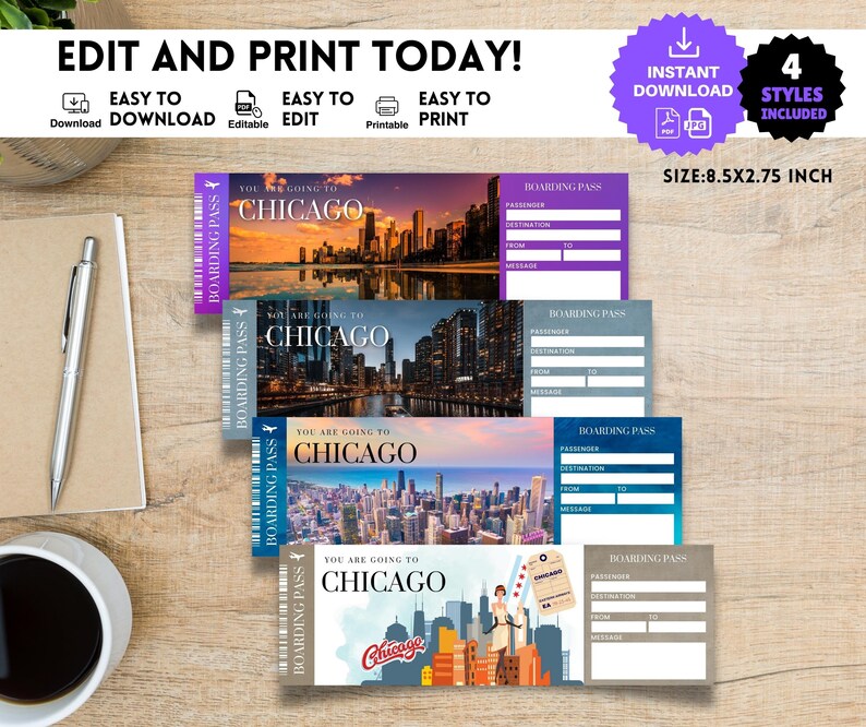 Printable, Editable CHICAGO Surprise Boarding Pass TICKET, Vacation ...