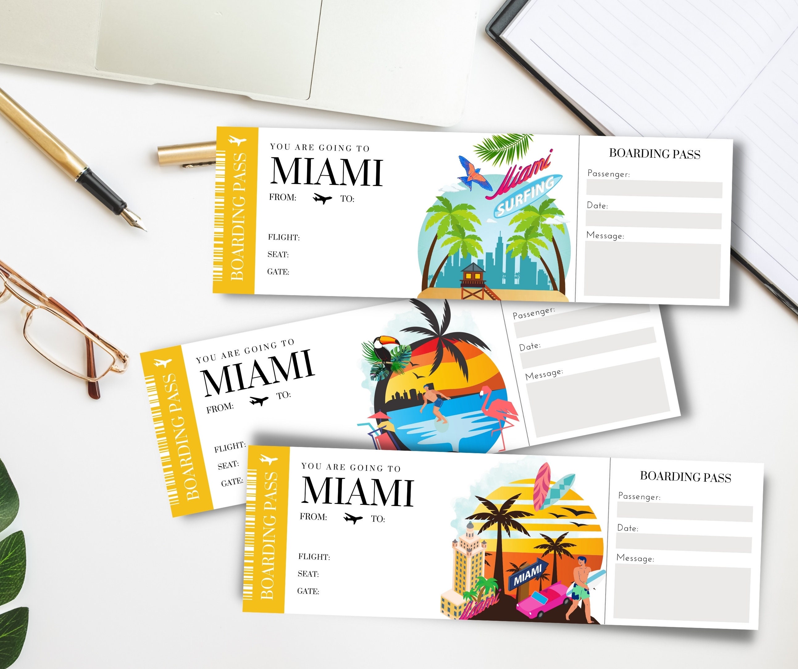 Printable, Editable MIAMI Surprise BOARDING Pass TICKET, Trip Ticket to ...