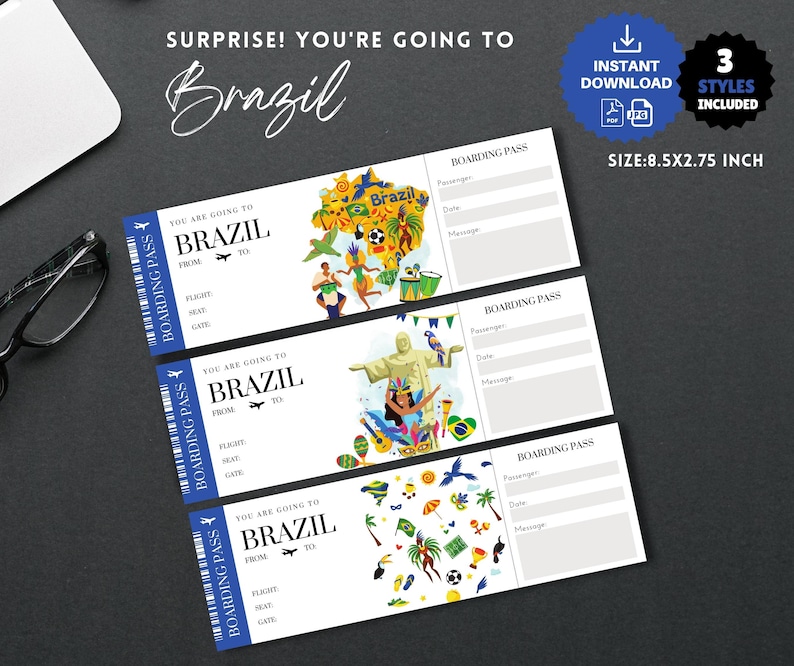 Printable Editable BRAZIL Surprise BOARDING Pass TICKET Trip - Etsy