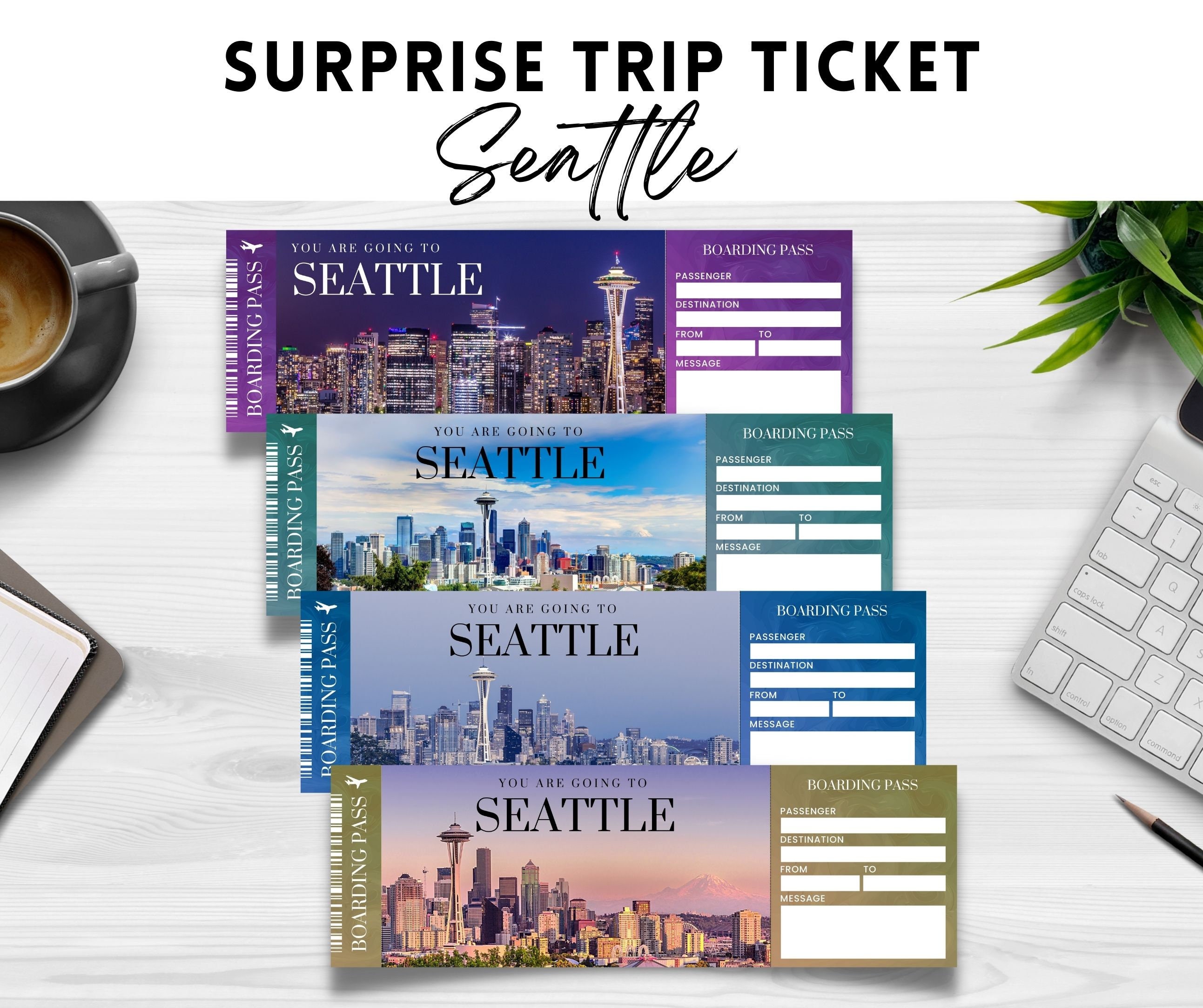 Printable, Editable SEATTLE Surprise Boarding Pass TICKET, Vacation ...