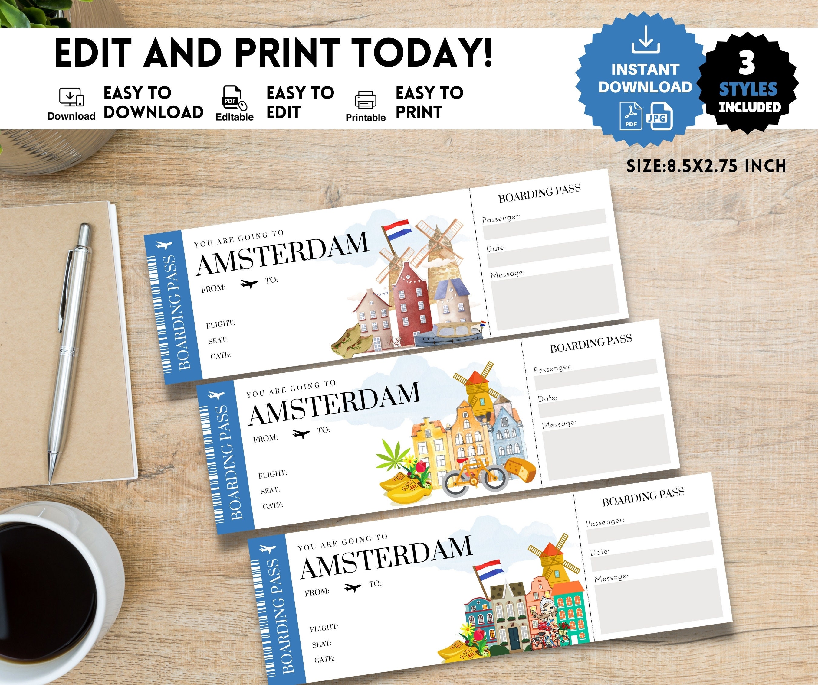 Printable Editable AMSTERDAM Surprise BOARDING Pass TICKET - Etsy