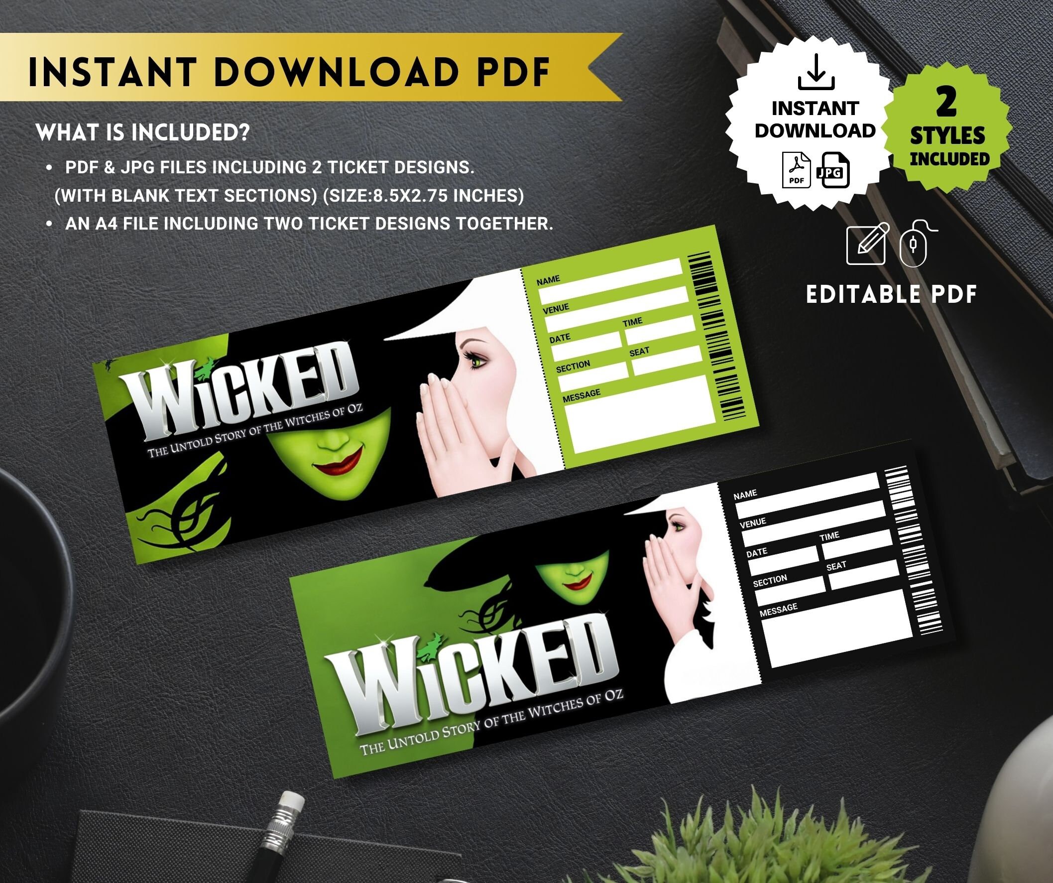Printable WICKED BROADWAY Surprise Gift TICKET. Editable Musical ...
