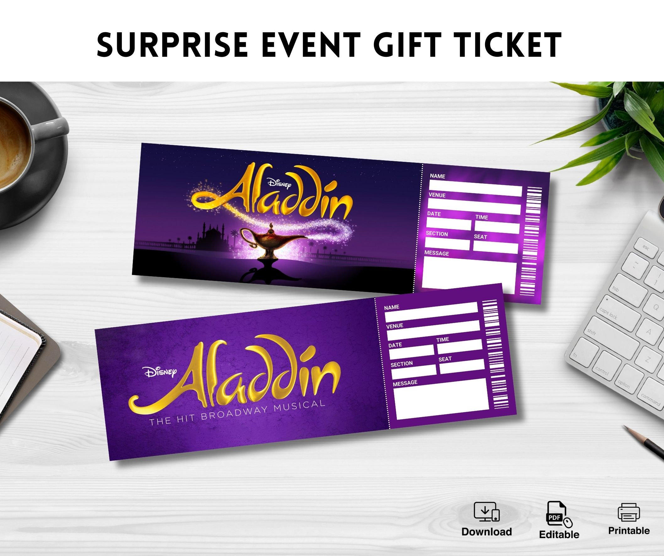 Printable ALADDIN BROADWAY Musical Surprise TICKET, Collectible Theater ...