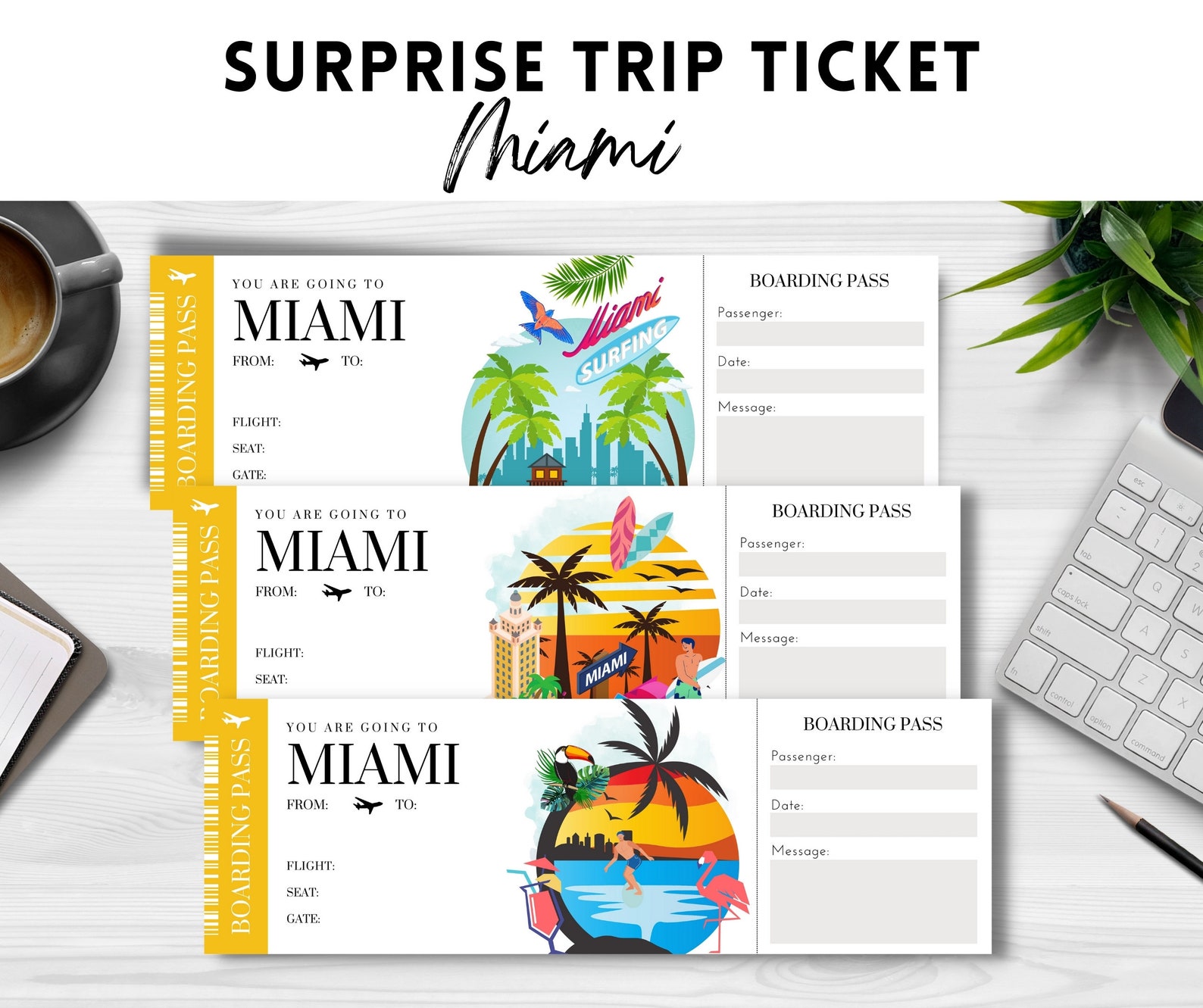 Printable, Editable MIAMI Surprise BOARDING Pass TICKET, Trip Ticket to ...