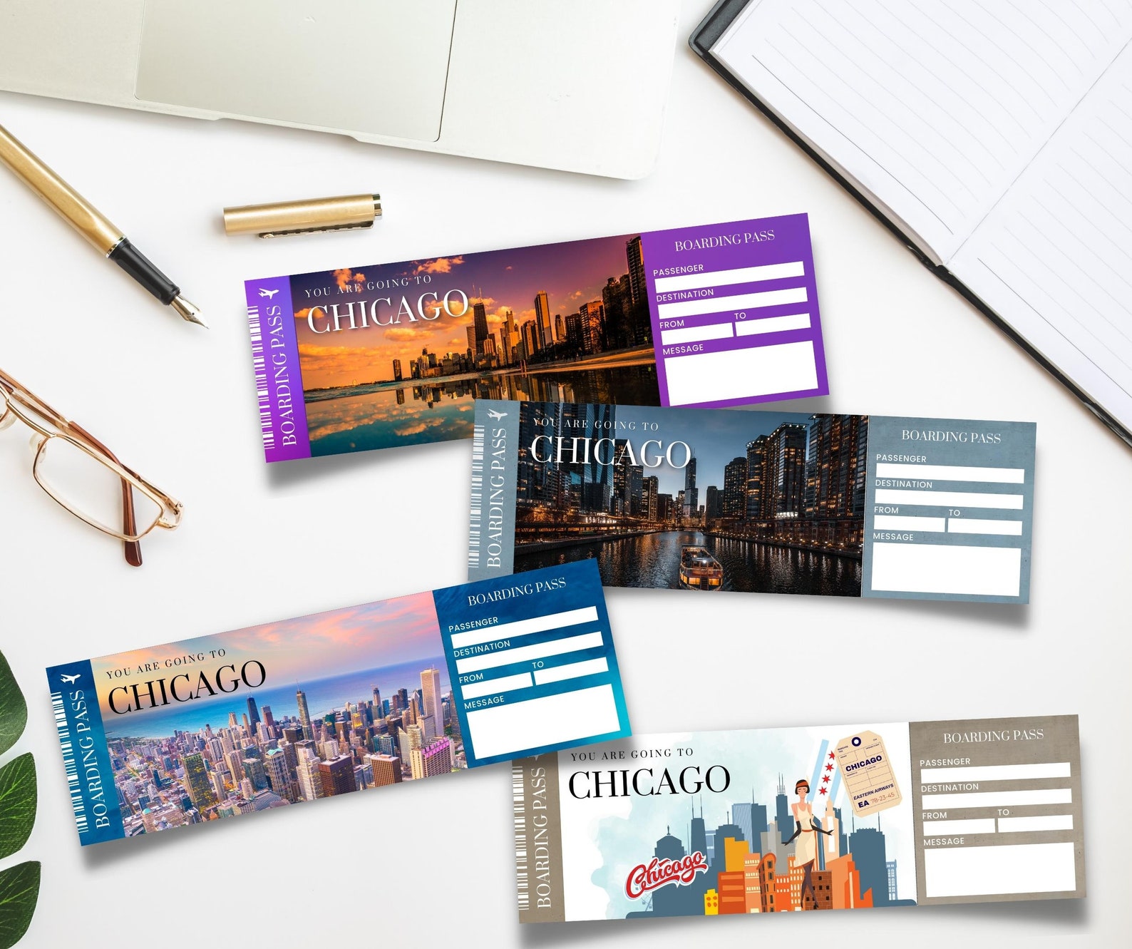 Printable, Editable CHICAGO Surprise Boarding Pass TICKET, Vacation ...