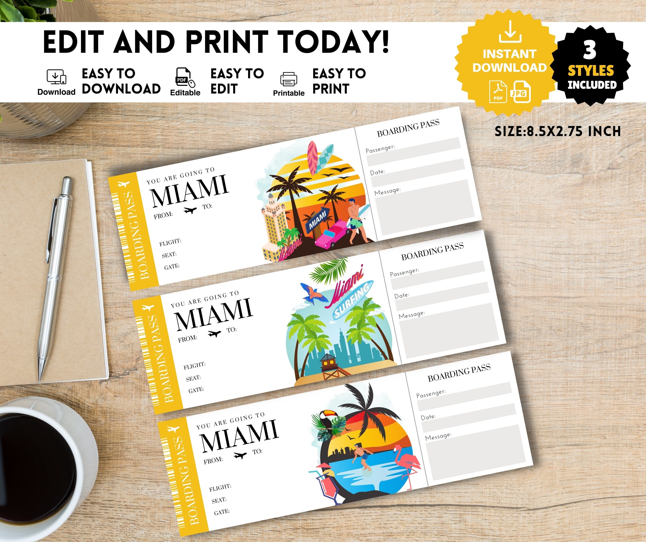 Printable, Editable MIAMI Surprise BOARDING Pass TICKET, Trip Ticket to ...