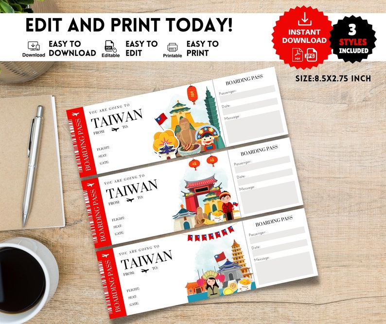 Printable, Editable TAIWAN Surprise BOARDING Pass TICKET, Trip Ticket ...