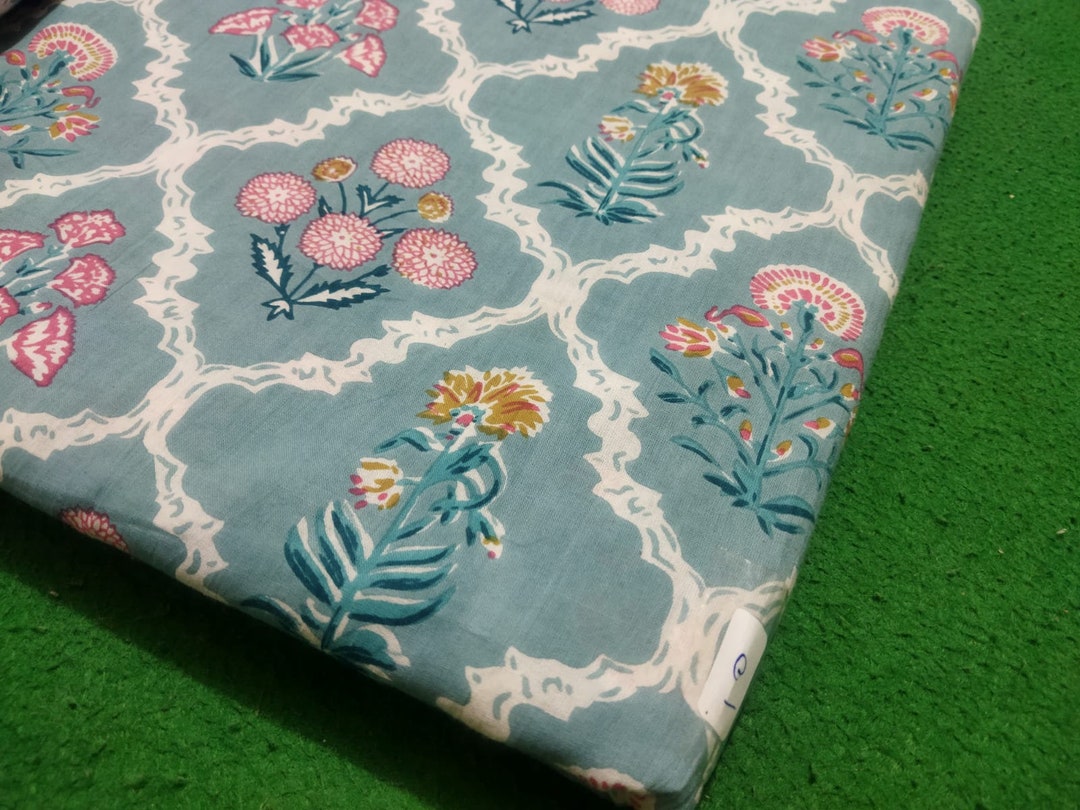 Block Printed Fabric, Pink Blue Block Print Fabric, Handprinted Fabric ...