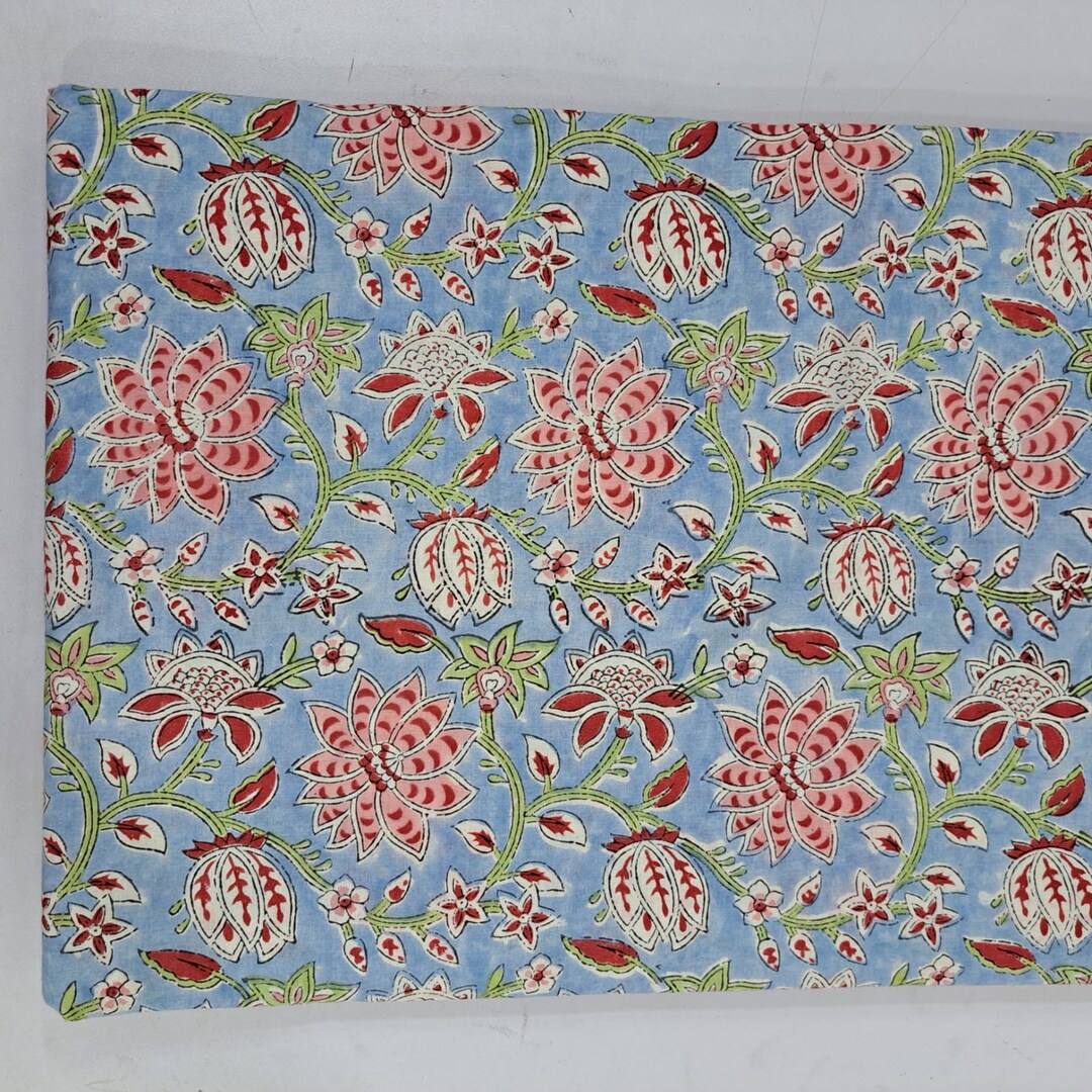 Block Printed Fabric, Blue Red Block Print Fabric, Handprinted Fabric ...