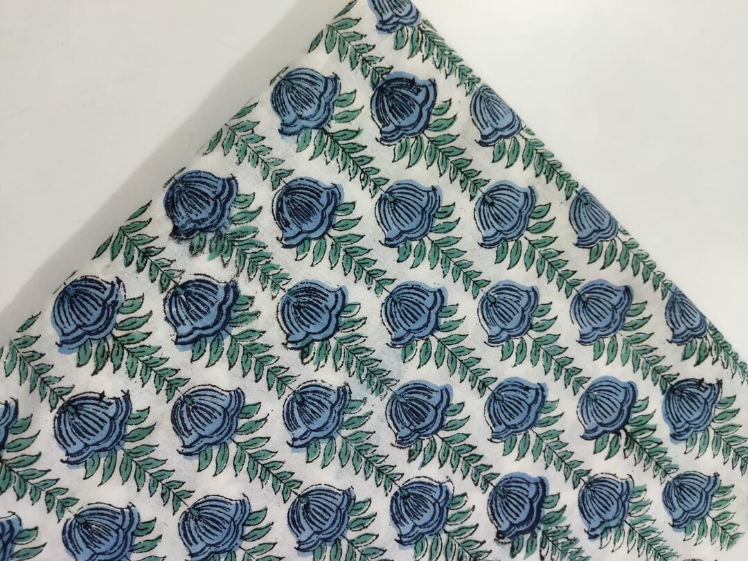 Blue Block Print Fabric Floral Print Fabric for Cushion Cover Cotton ...