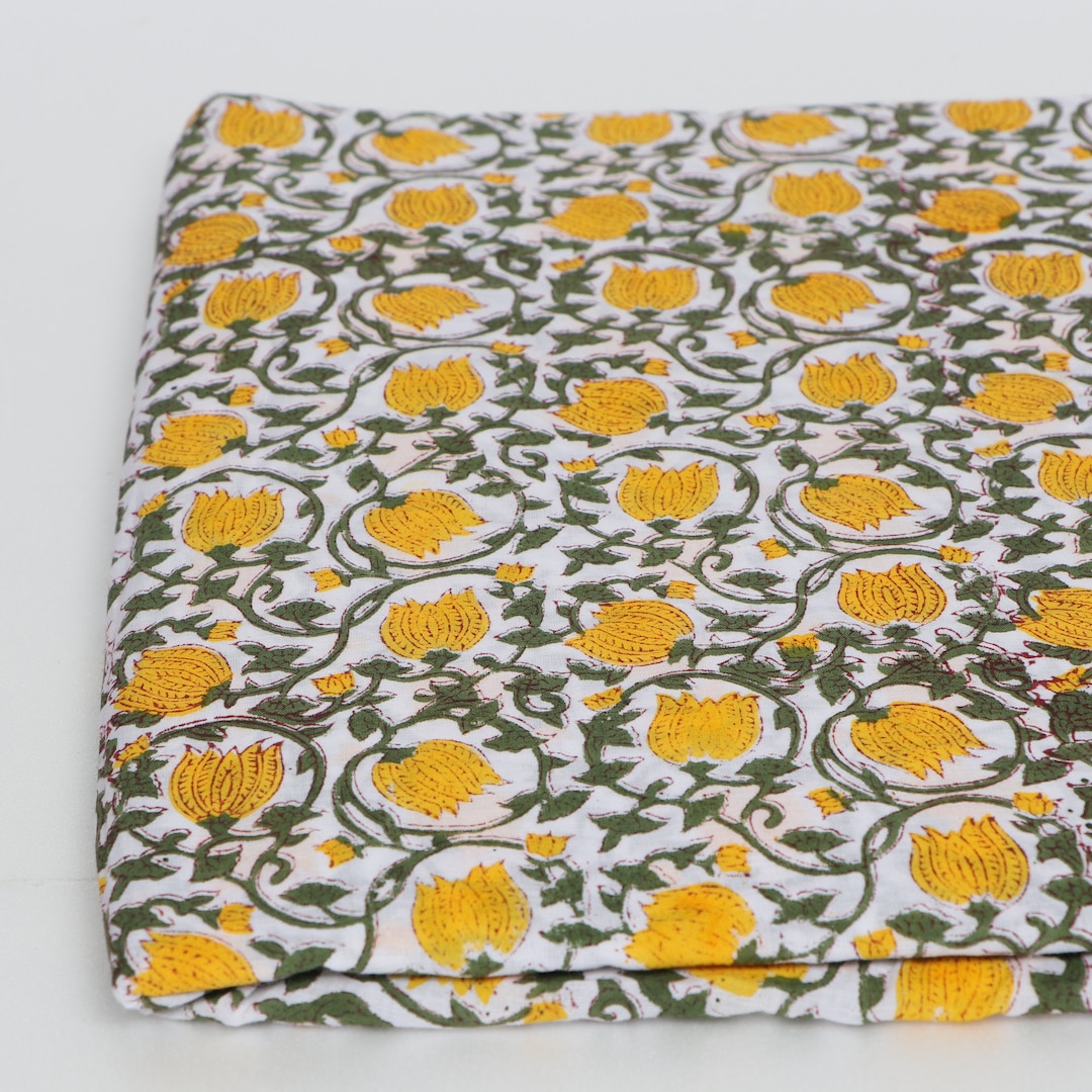 Block Printed Fabric Yellow Green Block Print Fabric - Etsy