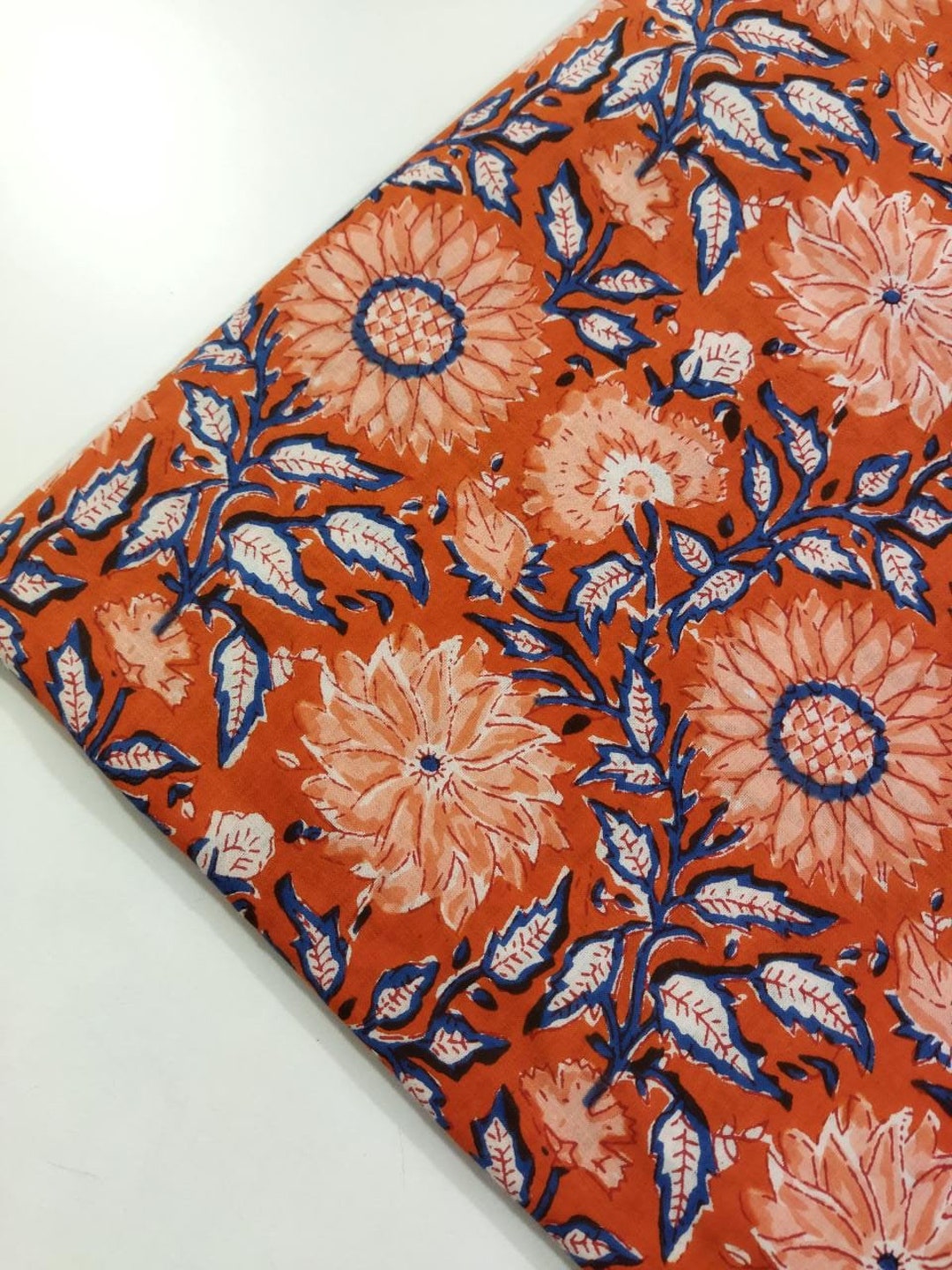 Cotton Hand Block Fabric by the Yard Sanganeri Print Fabric Orange ...