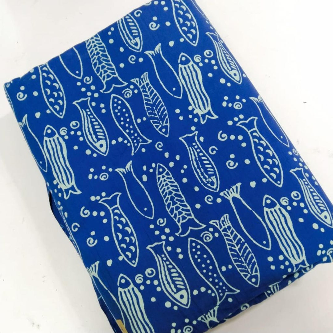 Indigo Fabric Fish Print Cotton Fabric, Kimono Fabric, Indian Block ...